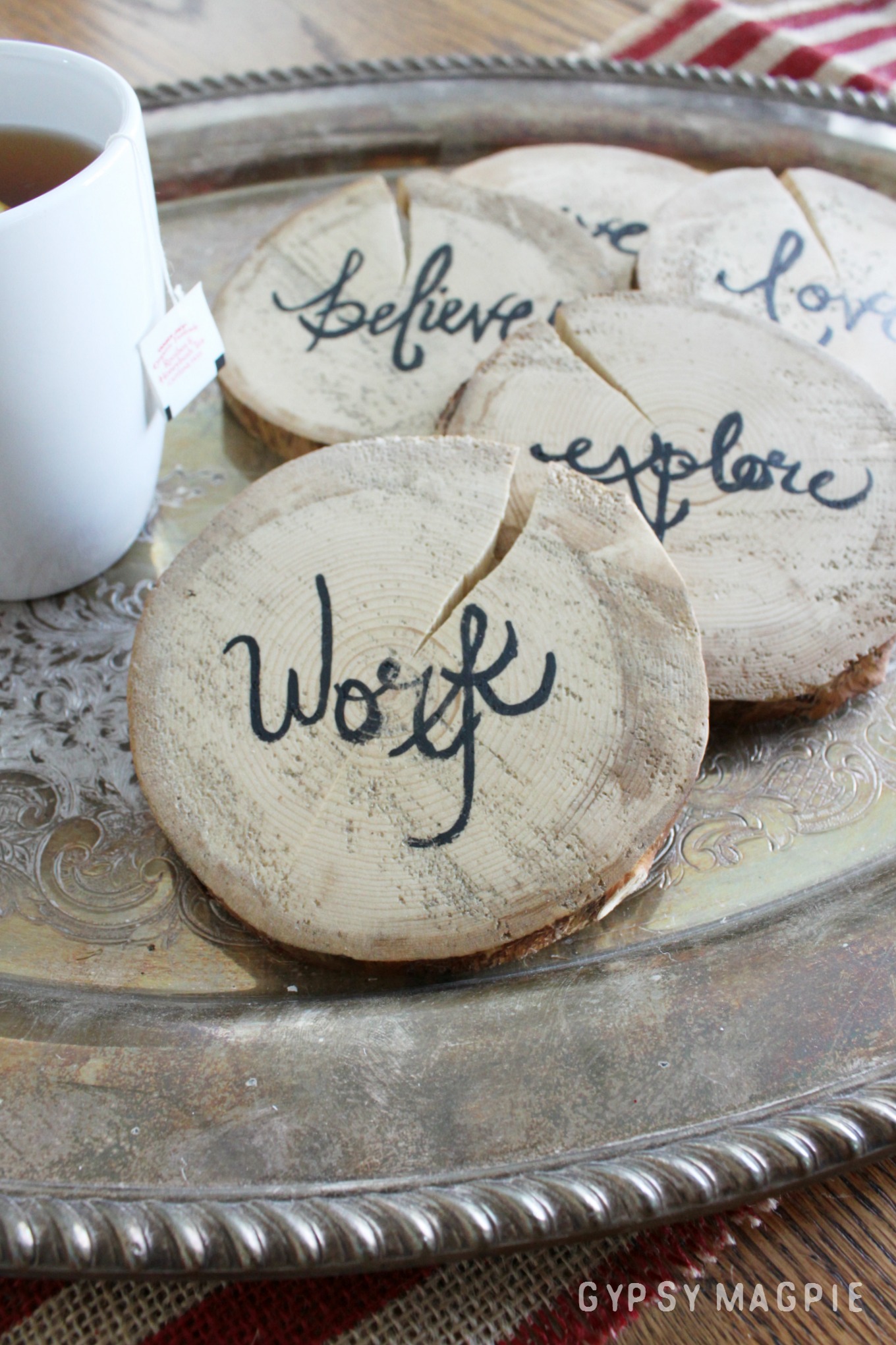 DIY Lettered Wood Slice Coasters | Gypsy Magpie