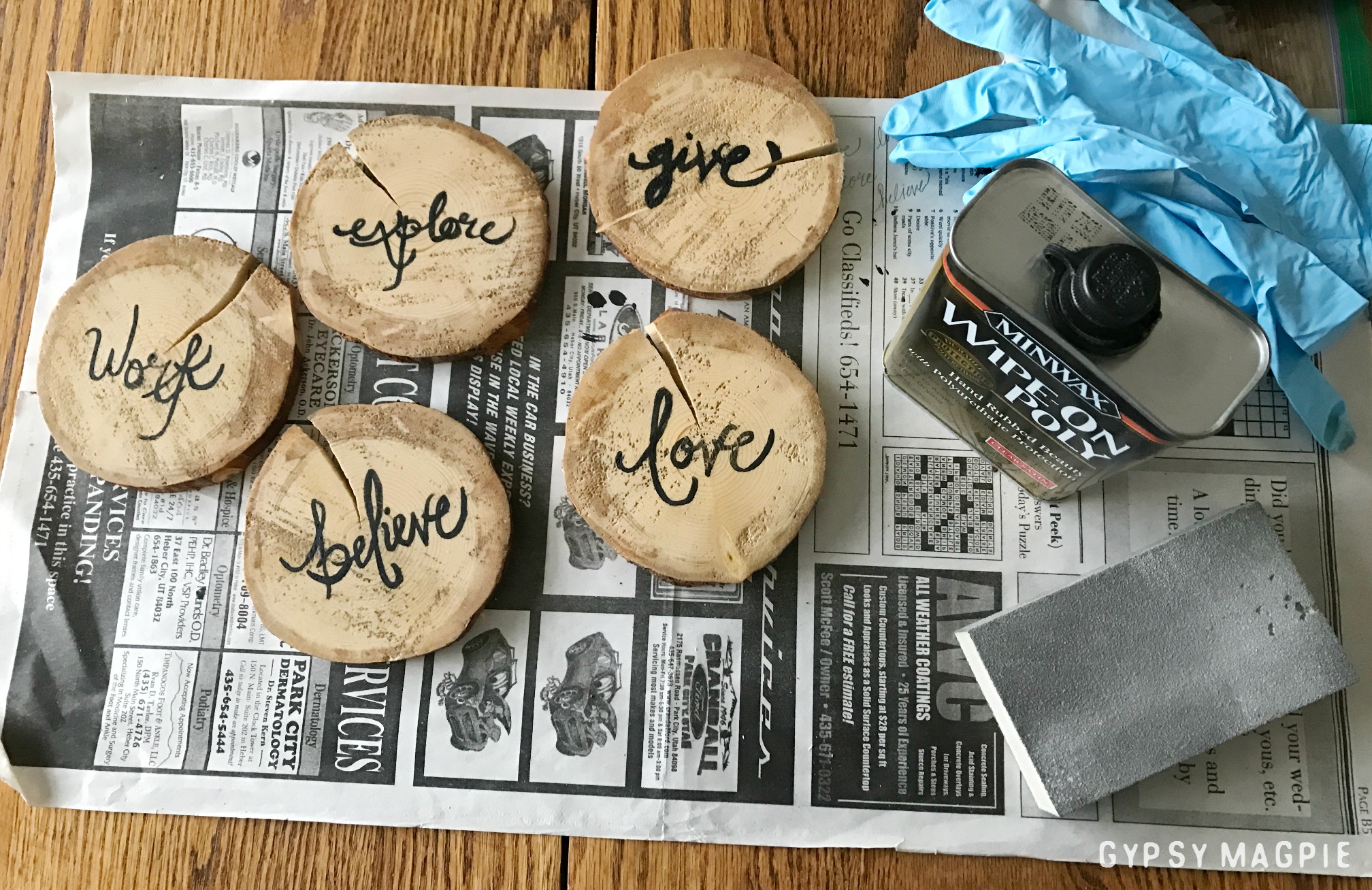 DIY Lettered Wood Slice Coasters | Gypsy Magpie